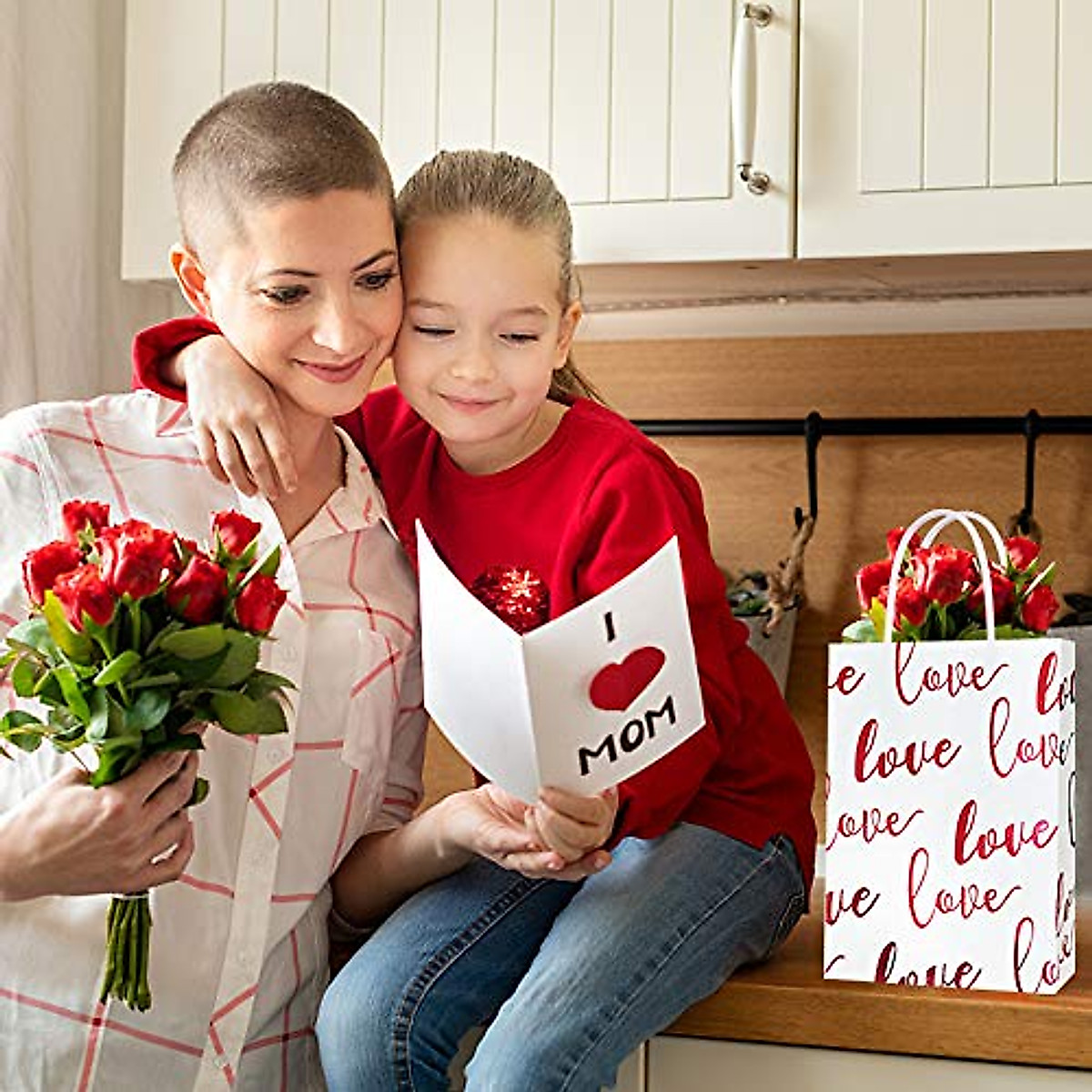 12Pcs Mothers Day Gift Bags, Love Theme Paper Bags with Handle for Valentines Day, Wedding, Father's Day, Sweetest Day or Any Occasion Holiday Bags for Gifts