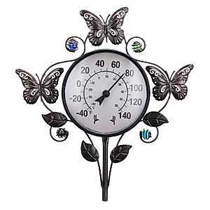 Outdoor Thermometer-Thermometer for Outside Temperature - Metal Stake Thermometer and Hygrometer Outdoor Garden Decor Butterfly and Leaf