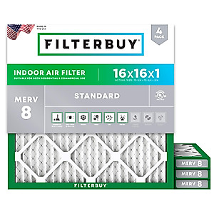 Filterbuy 16x16x1 Air Filter MERV 8 Dust Defense (4-Pack), Pleated HVAC AC Furnace Air Filters Replacement (Actual Size: 15.75 x 15.75 x 0.75 Inches)