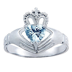 Fine 925 Sterling Silver Solitaire March Birthstone CZ Heart Irish Claddagh Ring (Size 7.75)