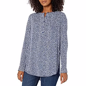 Amazon Essentials Women's Long-Sleeve Woven Blouse, Navy/White, Large