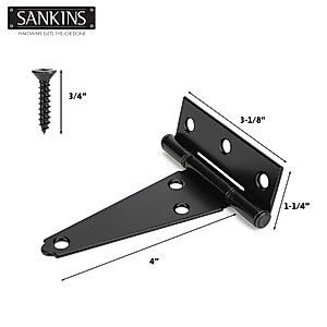 SANKINS 4 Inch T-Strap Shed Door Hinges Heavy Duty, Black Tee Gate Hinges for Wooden Fences, Yard Door, Barn Door Gates, Wrought Hardware Rustproof, 2Pack