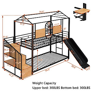 Twin Over Twin Bunk Bed with Slide, House Floor Bunk Bed with Storage Stairs and Shelves, Twin Bunk Beds for Kids, Girls, Boys, Black Bunk Bed Twin Size