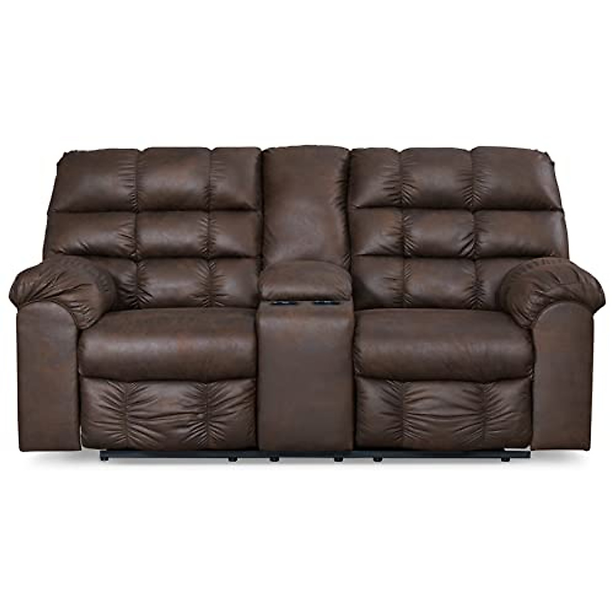 Signature Design by Ashley Derwin Urban Faux Leather Tufted Double Reclining Loveseat with Console, Dark Brown