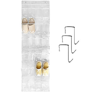 TidyMaster 1 Pack 24 Clear Crystal Pockets Large Hanging Shoe Organizer Over The Door Shoe Rack for Closet Door Storage Shoe Holder Hanger, 3 Hooks, White (64'' x 18.5'')