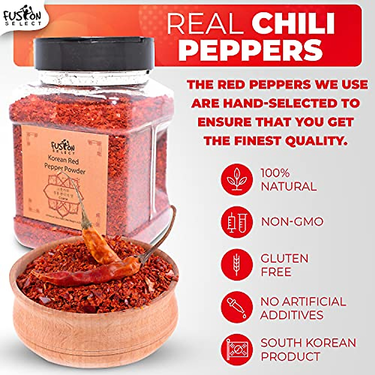 Fusion Select Korean Premium Non-GMO Gluten Free Red Chili Pepper Flakes Powder, Crushed Red Pepper Premium Gochugaru For Kimchi Seasoning, Chicken, Pork, Fish, Vegetables Hot Pepper Flakes (6 Oz)