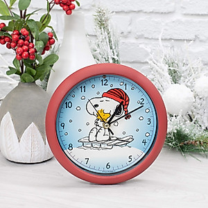 Mark Feldstein & Associates Peanuts Snoopy On Sled Linus and Lucy Sound Blue 8 x 8 Christmas Clock