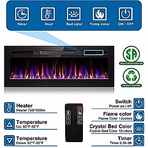 50 Inch Electric Fireplace Recessed and Wall Mounted, Fireplace Heater and Linear Fireplace, Ultra-Thin Electric Fireplace, Low Noise, with Timer, Remote Control, Adjustable 12 Flame Color, 750/1500W