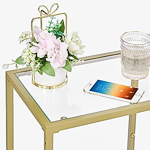 HOMSHO Side Tables Set of 2, End Tables with Tempered Glass, 2-Tier Nightstands with Storage Shelves, Slim Sofa Table for Living Room, Bedroom (2, Golden)