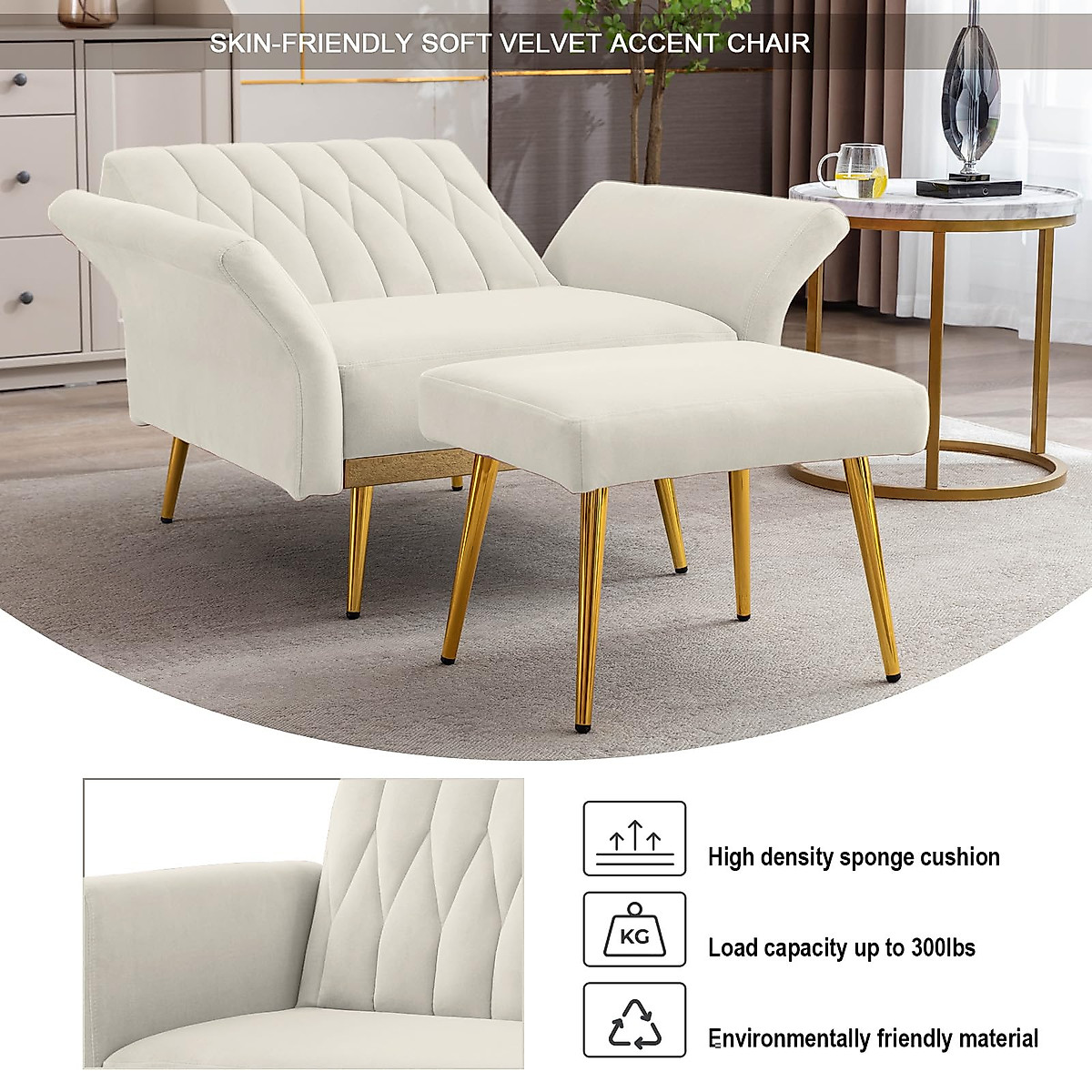 TTGIEET Velvet Accent Chair with Ottoman, Modern Upholstered Tufted Armchair, Comfy Single Sofa Chair Side Chair with Golden Metal Legs& Adjustable Arms for Living Reading Room Bedroom Office (Cream