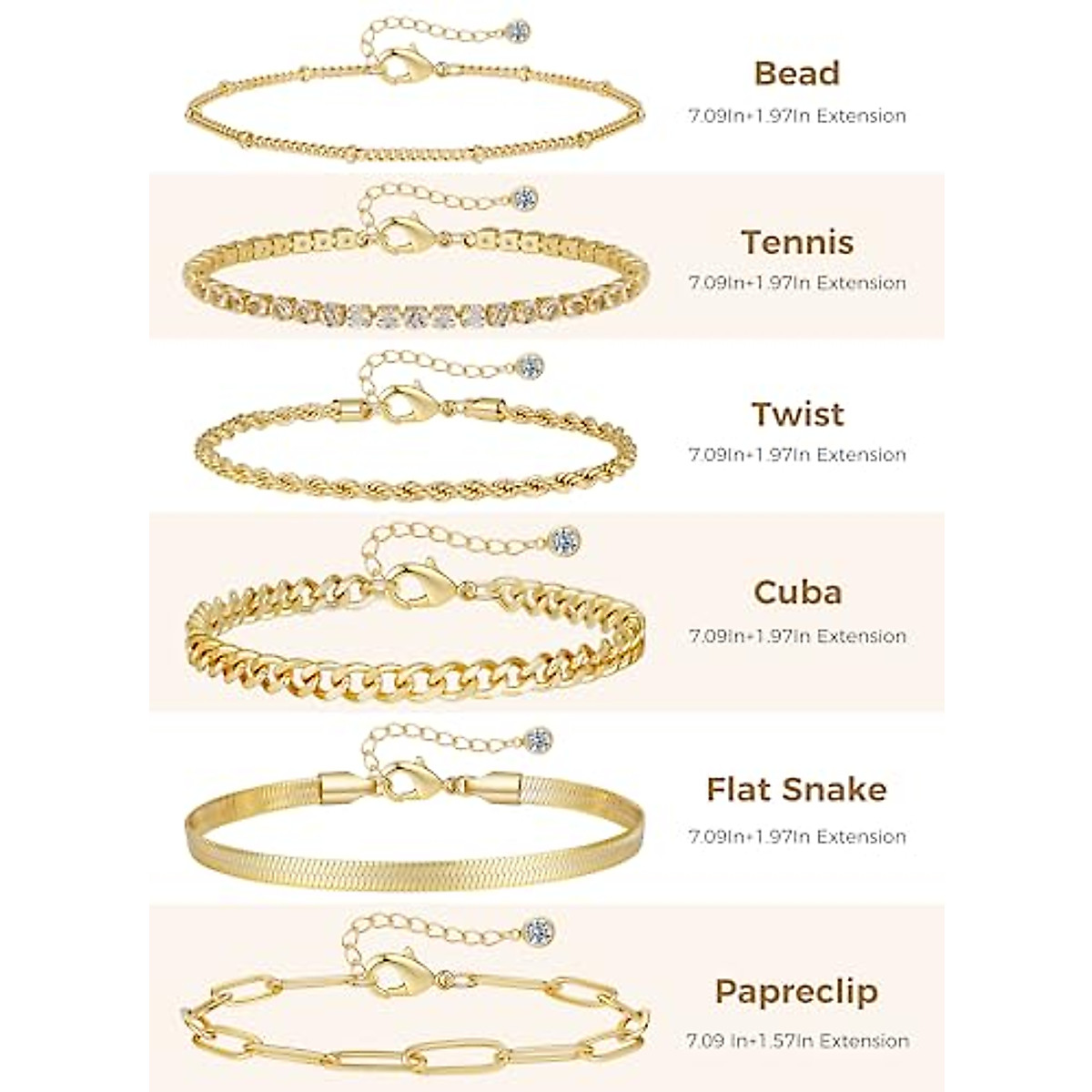 6Pcs Gold Chain Bracelet Sets for Women, 14K Gold Plated Bracelets for Girls, Jewelry Bracelets Set for Gifts, Cuba Paperclip Link Bracelets Set, Adjustable Bracelets with Rhinestone Pendant, 7.09'' and 1.9'' Extension