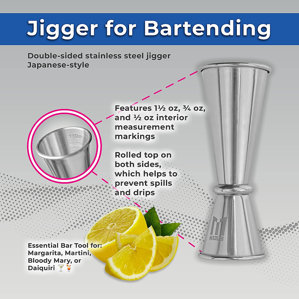 Cocktail Accessories for Drinks, Fancy 6-Piece Bartender Tools - Jigger, Strainer, Muddler, Ice Tongs, Bar Spoon with Bamboo Stand (Shaker Not Included)