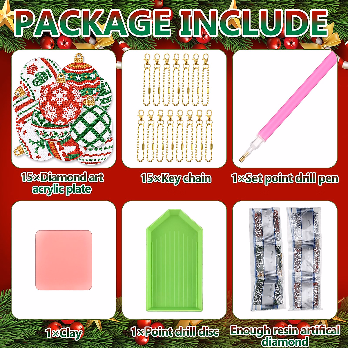 Yuxung 15 Pcs Christmas Diamond DIY Keychain 5D DIY Xmas Diamond Art Kit Hanging Decor Ornament Double Side Diamond Art Christmas Ornament for Art Christmas Craft(Classic)