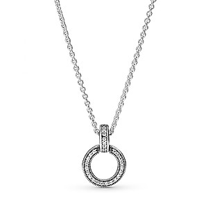 Pandora Double Circle Pendant & Necklace - Elegant Women's Jewelry - Great Gift for Her - Sterling Silver & Cubic Zirconia - 17.7"