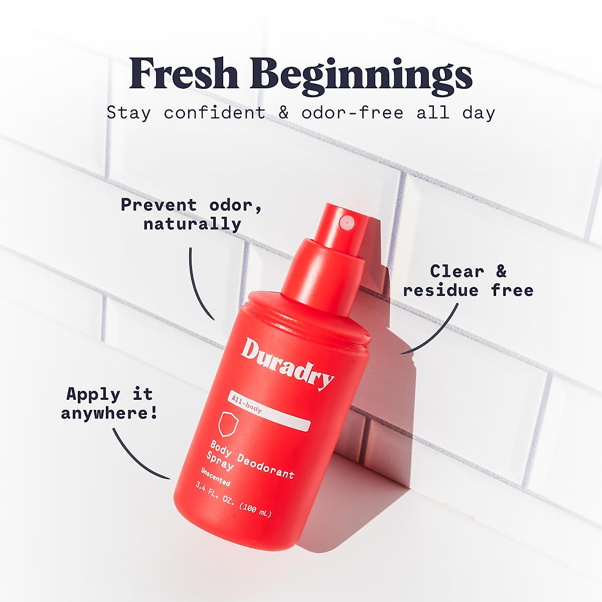 Duradry Body Deodorant Spray for Men and Women - Unscented Deodorant for Whole Body, Aluminum Free, Natural Odor Neutralizer, Clear and Residue Free, Non Staining, Cruelty Free - 3.4 Fl Oz (Pack of 3)