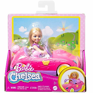 Barbie Chelsea Toy Car Set with Bear-Themed Convertible & Teddy Bear Accessory, Blonde Small Doll Wears Removable Skirt & Shoes