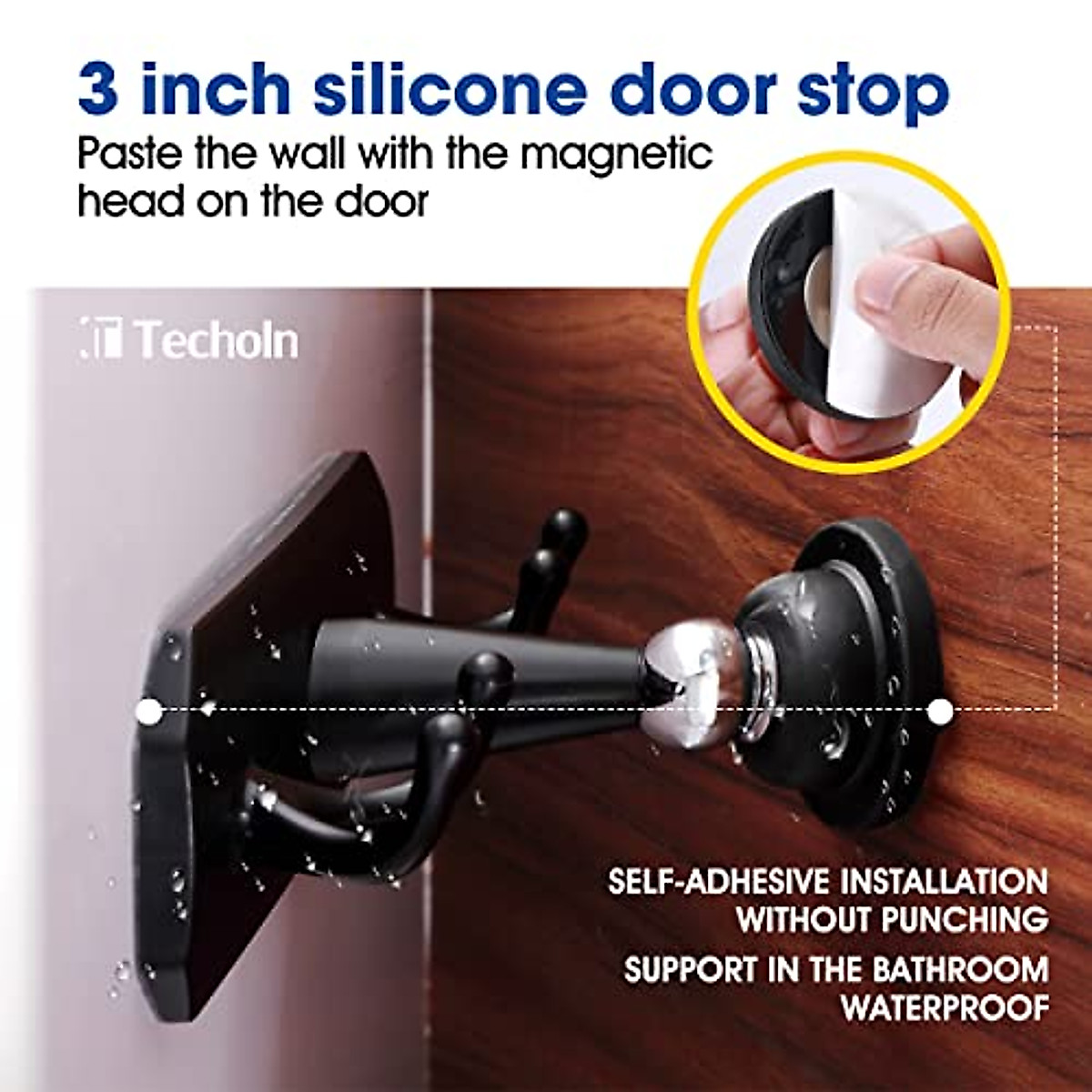 Techoln 3 Inch Door Stop with Coat Hooks,ABS Magnetic Door Stop with Two Hooks for Hanging Clothes,No Installation 3m Adhesive Backing