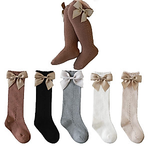 Taous Assam Baby Girls Knee High Socks Toddler Mesh Bowknot Breathable Dress Socks Little Girls Cotton Tube Stockings 5-Packs Bow Size 0-12 Months
