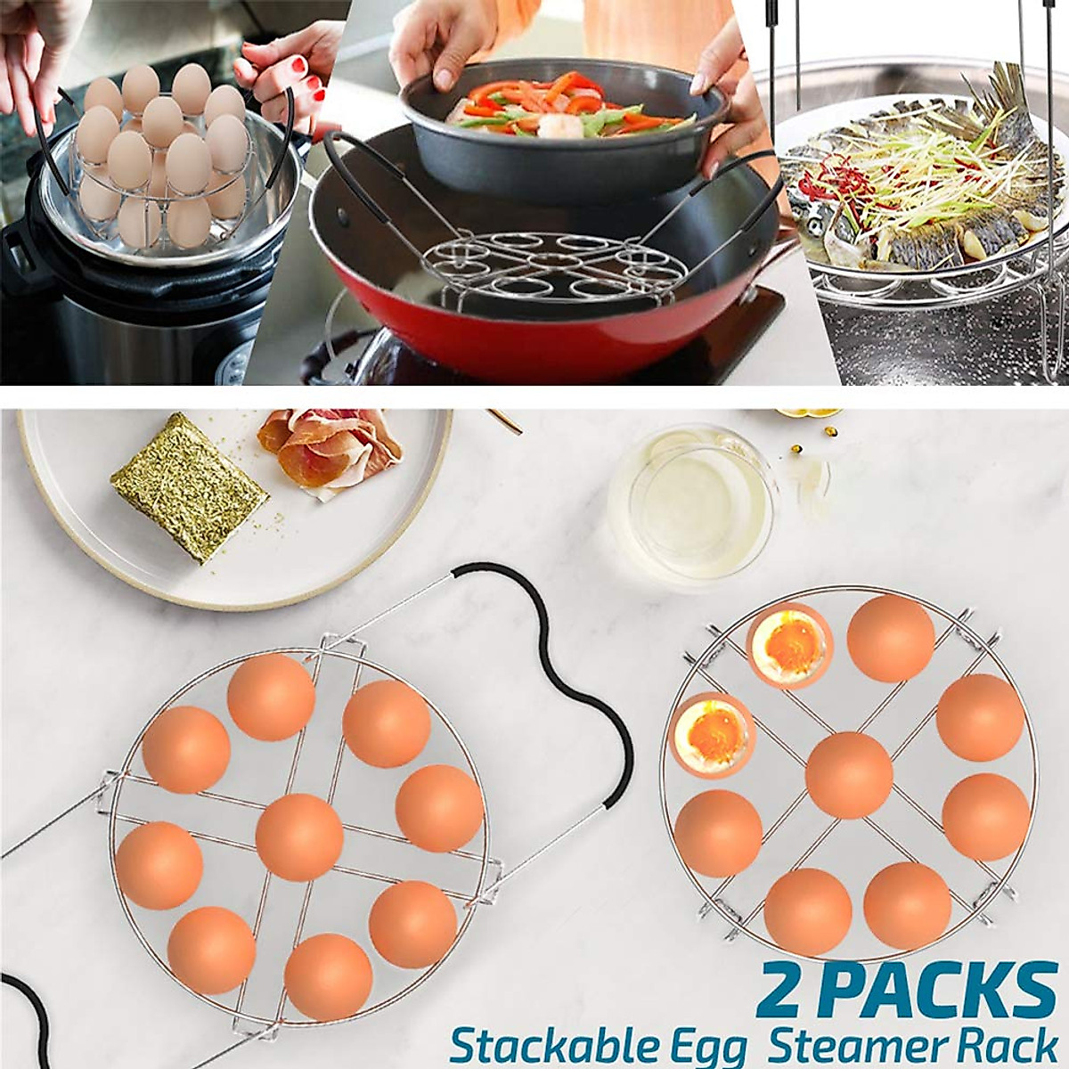 Maxracy Stackable Egg Steamer Rack Trivet 9 holes with Heat Resistant Handles for Instant Pot Accessories Stainless Steel Egg Assit fits 6qt 8qt Pressure Cooker(9 Holes Handle Set)