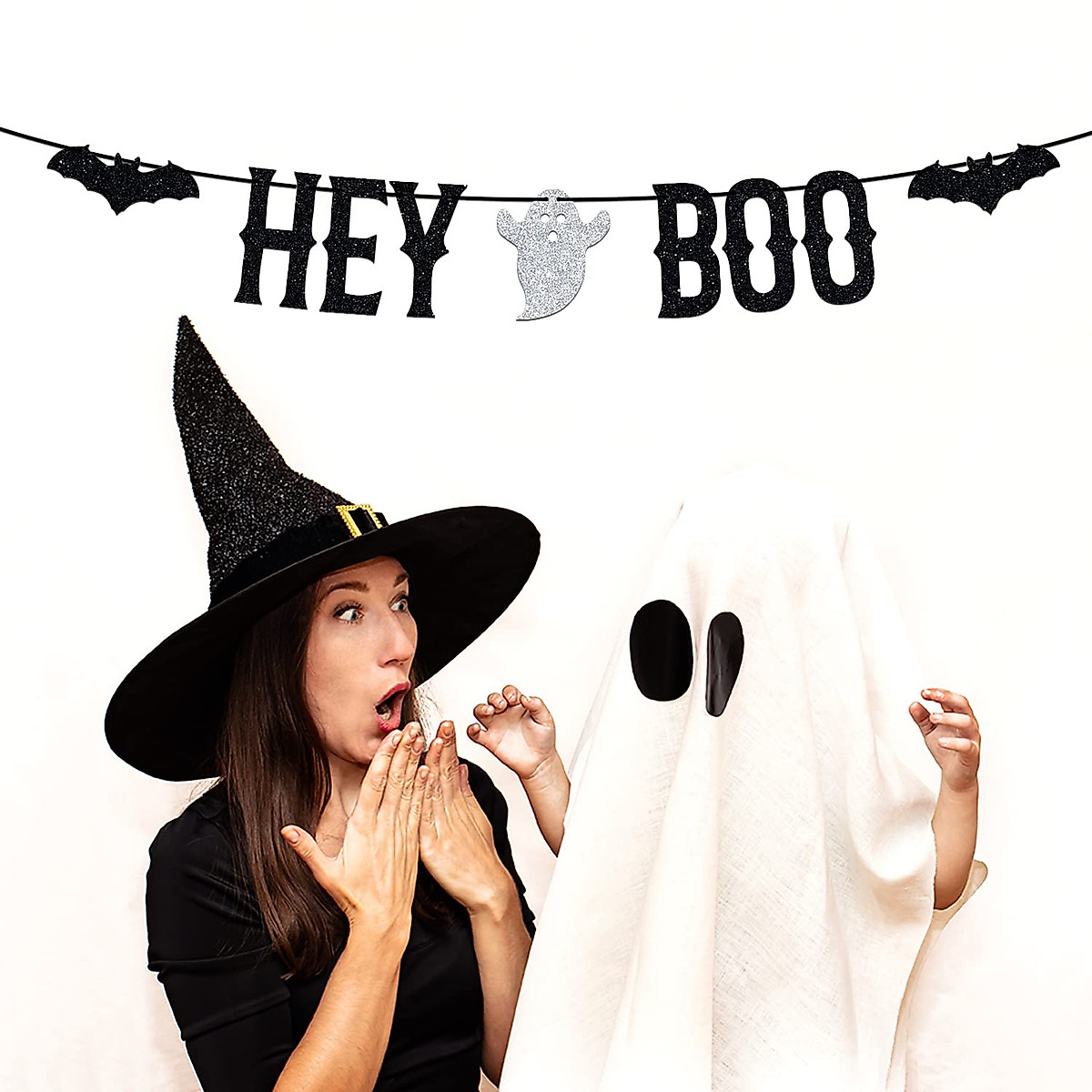 Black Glitter Hey&Boo Banner - Halloween Party Bunting Garlands - Haunted House Decorating, Indoor Outdoor Decorations