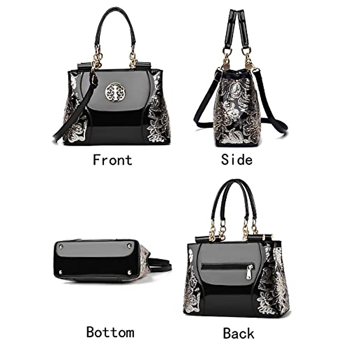 SMALLBLUER Women Patent Leather Tote Crossbody Bag Retro Pattern Shoulder Bags Satchel-Black