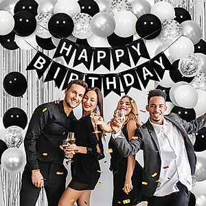 Black White Birthday Party Decorations for Him Her Silver Tablecloth Fringe Curtain Happy Birthday Party Table Supplies Balloon Garland Arch Kit Happy Birthday Banner Black Cake Topper for Men Women