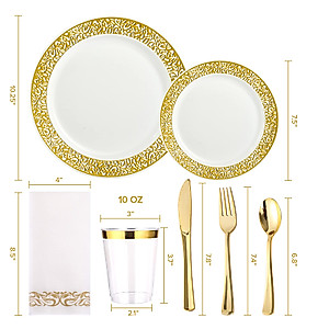FOCUSLINE 175 Gold Dinnerware Set for 25 Guests, White Plastic Plates with Gold Lace Rim Design, Including 25 Disposable Dinner and Dessert Plates, 25 Silverware Set, 25 Cups, 25 Napkins