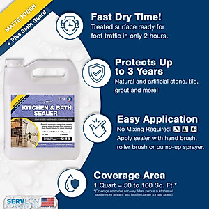 Serveon Sealants Kitchen & Bathroom Sealer Plus Stain Guard (Matte Finish) Commercial Grade Tile Grout Sealer Waterproof Sealant - Granite Countertop Slate Natural Stone Shower Floors (1 Quart) H2900C