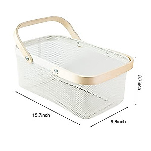 MACOIOR Portable Garden Basket-Mesh Design Natural Bamboo Handle Wire Storage Baskets,Mesh Basket with Handle Organize Items Reduce Space Occupation,Suitable for Kitchen,Garden,Picnic(White)