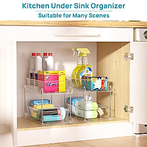 Vtopmart 4 Pack Bathroom Storage Organizer, 2 Tier Clear Under Sink Organizers Vanity Countertop Storage Container, Medicine Cabinet Drawers Bins, Pull-Out Organization with Track for Pantry, Kitchen