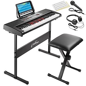 Ashthorpe 61-Key Digital Electronic Keyboard Piano with Light Up Keys, Includes Stand, Bench, Headphones, Mic and Keynote Stickers