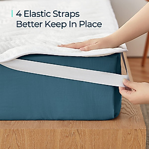 LINSY LIVING Queen Waterproof Mattress Protector, Mattress Pad with Elastic Straps and Buttons, Quilted Breathable Mattress Topper with Tencel Cover and Spiral Fibers, Queen Size White