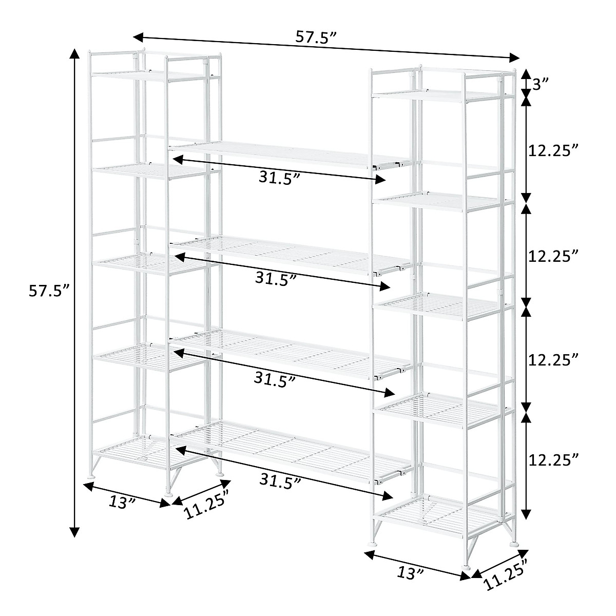 Convenience Concepts Xtra Storage Shelves - 5 Tier Folding Metal Shelving with Set of 4 Deluxe Extension Shelves - Modern Shelves for Storage and Display in Living Room, Bathroom, Office, White