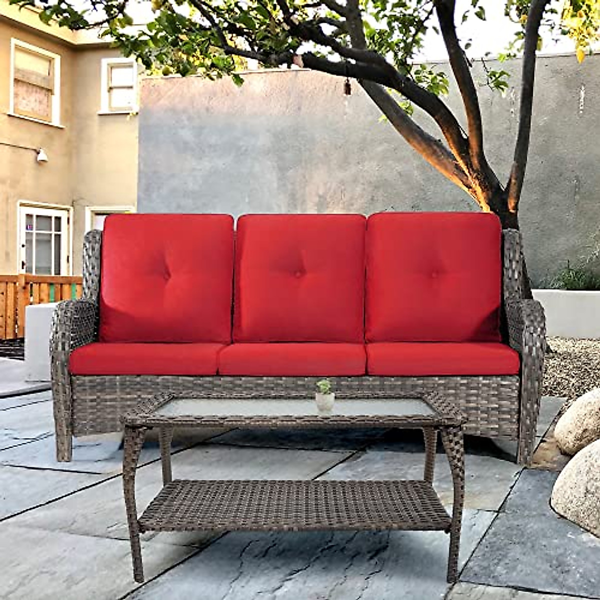 MeetLeisure Patio Furniture Set 2-Piece Wicker Outdoor Furniture Conversational Sets with 3-Seat Sofa, Patio Rattan Coffee Table Patio Rattan Wicker Sectional Sofa Set with Olefin Cushions, RED