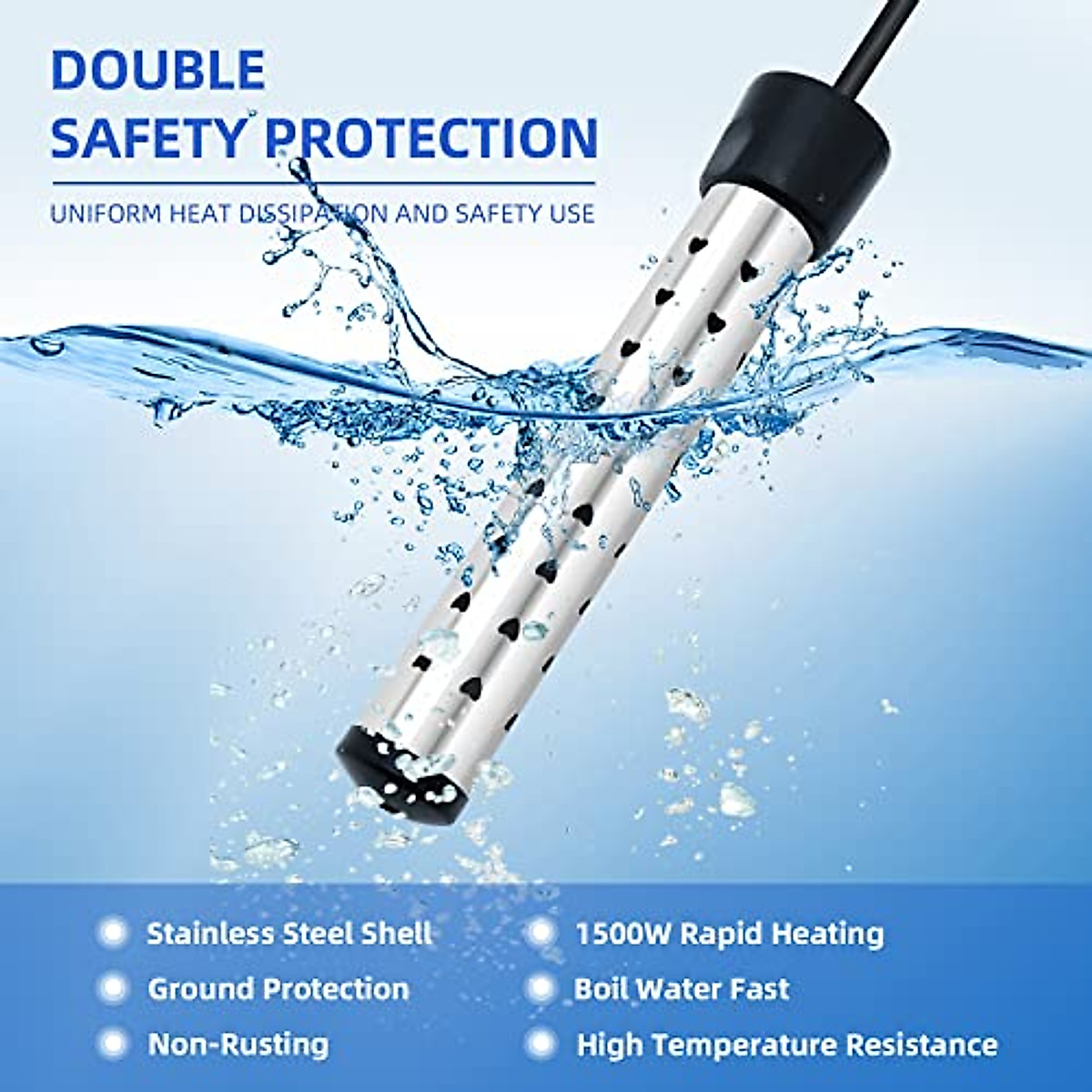 Immersion Water Heater, 1500W Portable Water Heater with LCD Thermometer & Stainless-Steel Guard, Heat 5 Gallons of Water in Minutes Bucket Heater Hot Tub Heater for Home Travel Camping Mini Pool