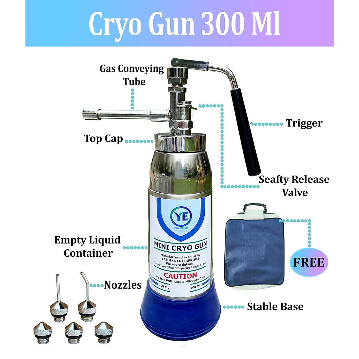 Mini Cryo Gun Liquid Nitrogen Sprayer Can for Dermatology Cryo Spray Cryo Container Capacity 300ml by Yashika Ent