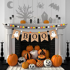 WATINC 2pcs Halloween Scary Boo Burlap Banner Ghost Pom Pom Garland Set, Happy Halloween Felt Ball Banner Hanging Decorations Thanksgiving Carnival Holiday Party Hang Bunting Decor for Home Wall