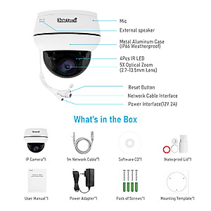 JideTech Outdoor 4K PTZ POE Camera, 8MP IP Dome Camera with 5X Optical Zoom, IR Night Vision Human/Motion Detection, Built in 2-Way Audio, Pan/Tilt, SD Card Slot