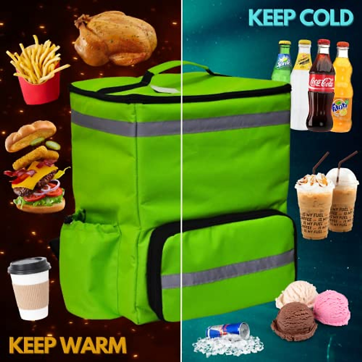 Food Delivery Backpack, Expandable Catering Cooler Bag, Insulated Bag With Cupholder, Waterproof Pizza Bag for Uber Eats Doordash Grubhub Thermal Food Bag for Bike for UberEats (Green)