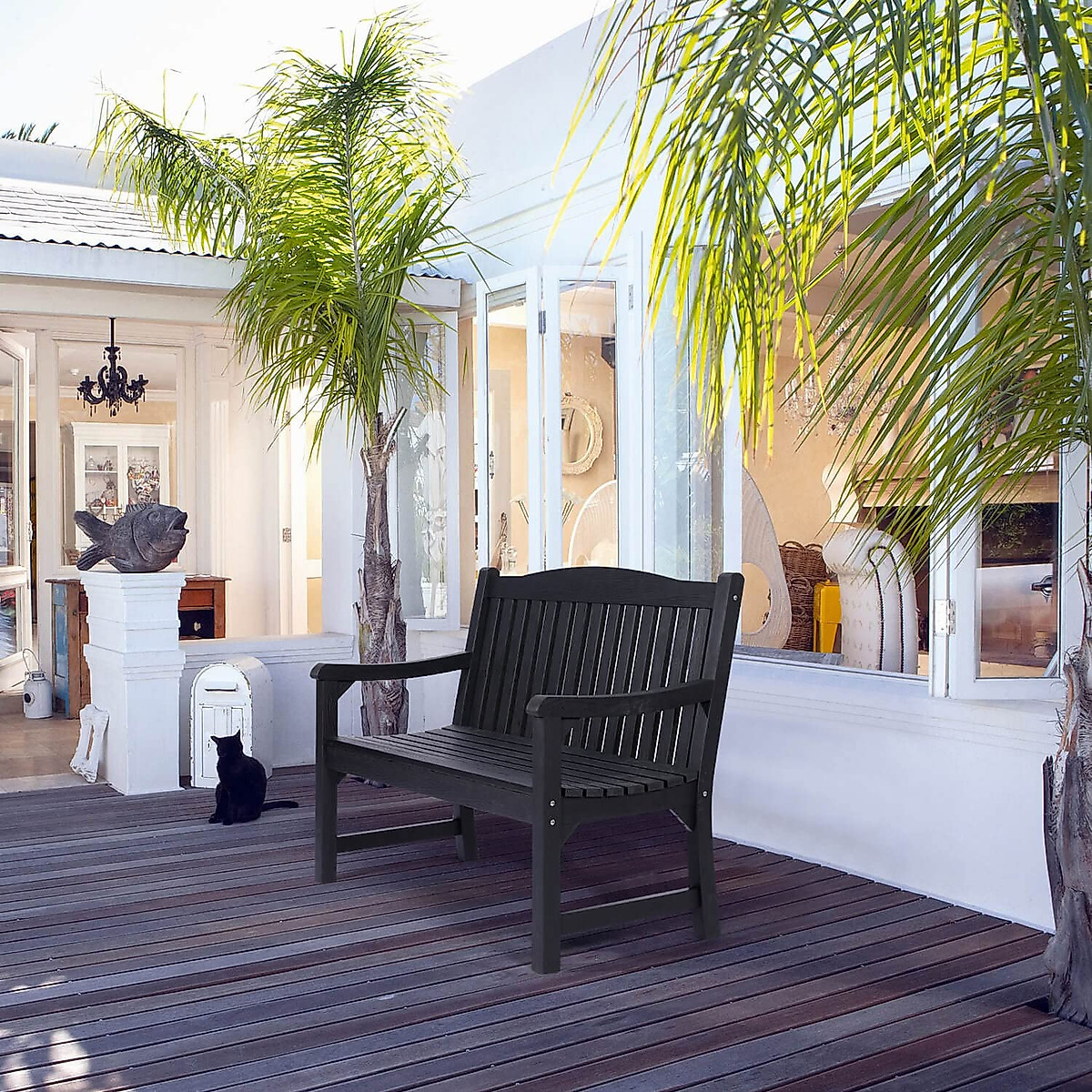 Outdoor Bench Set of 2 , All Weather Resistant Poly Lumber 2-Person Weatherproof Patio Garden Bench, Will not rot and fade, Outside Bench Suit for Garden, Porch ,Balcony, Poolside, Park - Black