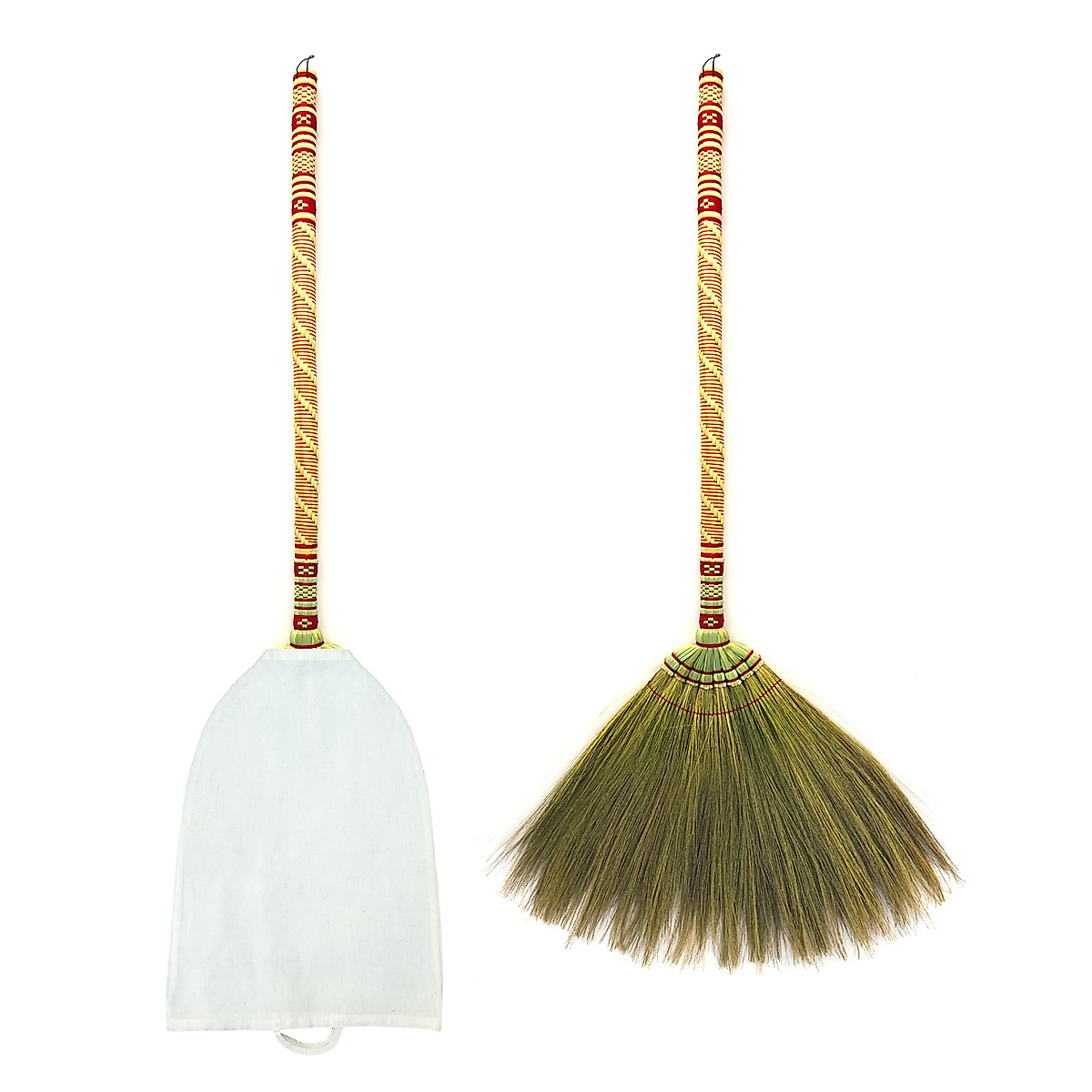 Handmade Asian Broom Natural Bamboo Wood Broomstick for Sweeping, RED or Blue Thai Grass Woven Design Corn Broom & Cover Set