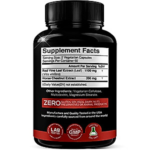 Red Vine Leaf + Horse Chestnut Extract Supplement 1300mg - 120 Veggie Caps: Ultra Concentrated Red Vine Leaf + Horse Chestnut Health Supplements | Powerful Combination | Made in USA | 60 Days Supply