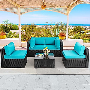 Walsunny 5 Pieces Outdoor Patio Furniture Set, All-Weather Rattan Patio Sectional Sofa Wicker Conversation Set with Glass Table and Cushions(Blue)