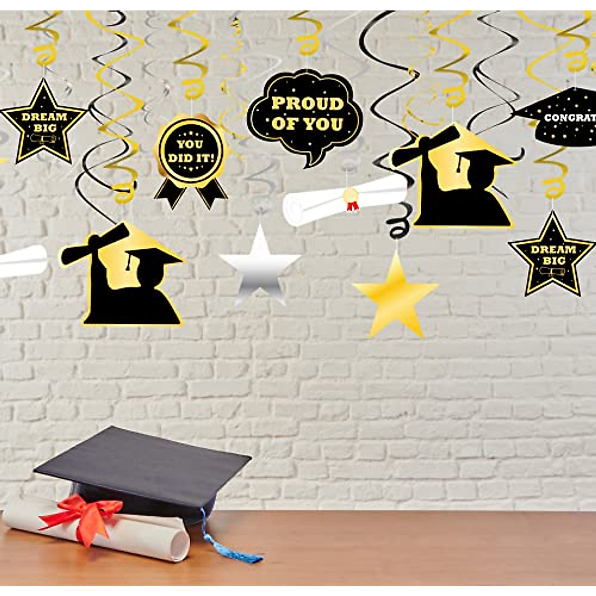 42PCS Graduation Decorations 2023 Hanging Swirls Party Supplies - Grad Star/Mortarboards/Diplomas Ceiling Foil Ornaments（Black,Silver,Gold）