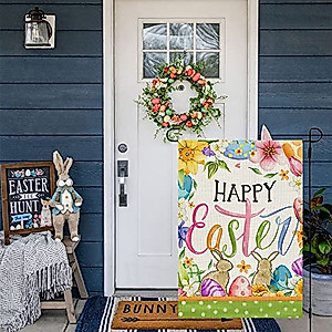 CROWNED BEAUTY Happy Easter Bunnies Garden Flag Floral 12x18 Inch Double Sided for Outside Burlap Small Holiday Yard Flag CF708-12