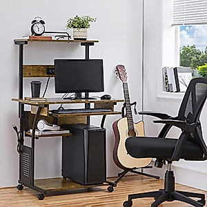 Yaheetech 3 Tiers Rolling Computer Desk on Wheels with Charging Station and Keyboard Tray, Mobile Home Office Desk PC Laptop Workstation with Power Outlet and USB Ports for Home Studying, Rustic Brown