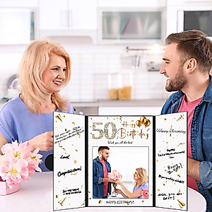 DARUNAXY Black Gold 50th Birthday Party Decorations, Happy 50th Birthday Alternative Signature Guest Book for Men Women 50 Years Old Table Sign Picture Frame Gift 50 Birthday Card Board Party Supplies