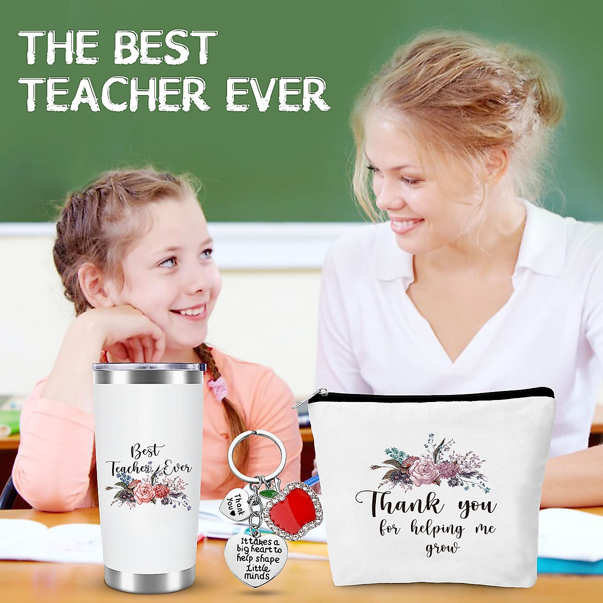 Teacher Appreciation Gifts, Teacher Gifts for Women, Teacher Birthday Thank You Gifts, Best Teacher Gifts - Tumbler Stainless Steel Teacher Mug with Lid Teacher Keychain Makeup Bag for Teachers Women