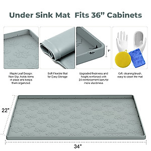 LPYFRG Under Sink Mats for Kitchen Waterproof, 34" X 22" Under Sink Liner, Under Sink Tray with Clean Brush, Kitchen and Bathroom Cabinet Flexible Silicone Sink Mat for Drips Leaks Spills (Grey)