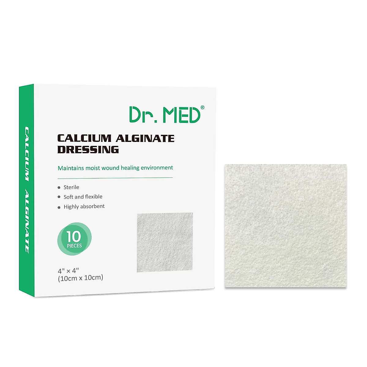 Dr. Med Calcium Alginate Wound Dressing 4"x4", 10 Individual Pack High Absorption Dressing Gauze, Non-Stick Pads, Soft and Comfortable Patch for Wound Care, Faster Healing